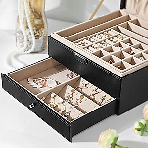 SONGMICS Jewelry Box, 3 Layers Jewelry Organizer with Removable Tray, Drawer, for Necklaces, Earrings, Rings, Black UJBC241BK