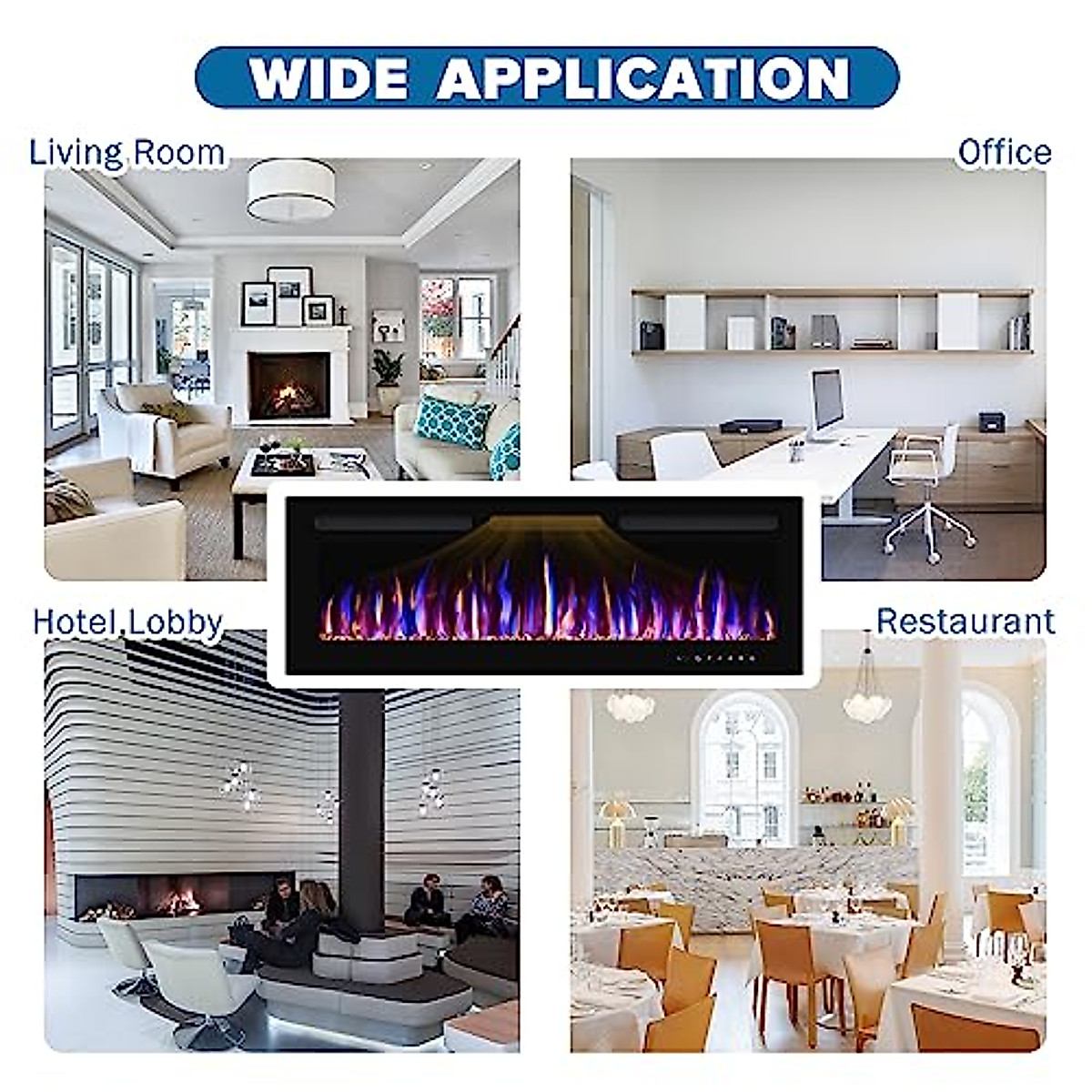 BETELNUT Electric Fireplace 50IN Wall Mounted and Recessed with Remote Control, 750/1500W Ultra-Thin Wall Fireplace Heater W/Timer Adjustable Flame Color and Brightness, Log Set & Crystal Options