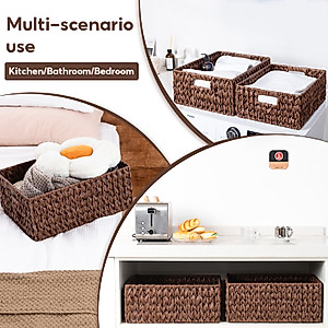 ATEDIR Large Wicker Basket, Waterproof Wicker Storage Basket, Odorless Plastic Woven Baskets for Organizing, Rectangle Rattan Basket with Handle, Brown (17x13x7inch & 15.6x11.6x6inch)