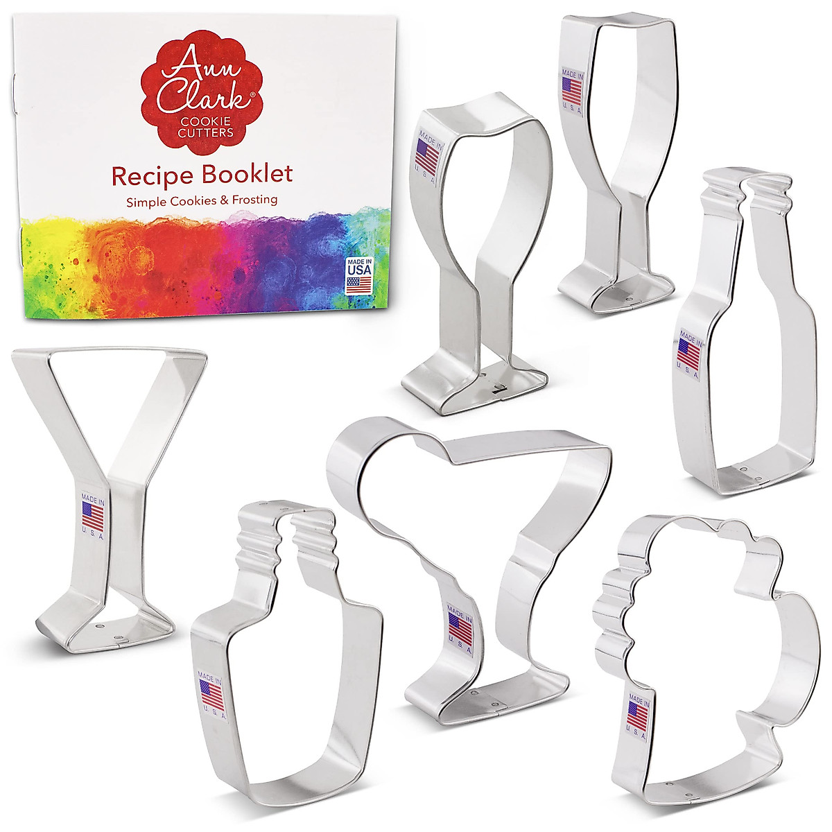 Cocktail Party Cookie Cutters 7-Pc. Set Made in the USA by Ann Clark, Beer Bottle, Beer Mug, Martini Glass, Wine Glass and More
