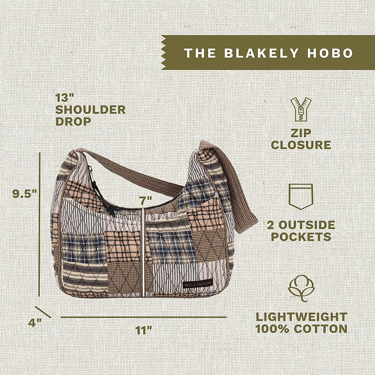 Bella Taylor Blakely - Hobo Shoulder Bag for Women - Lightweight Quilted Fabric Purse with Pockets – Rory