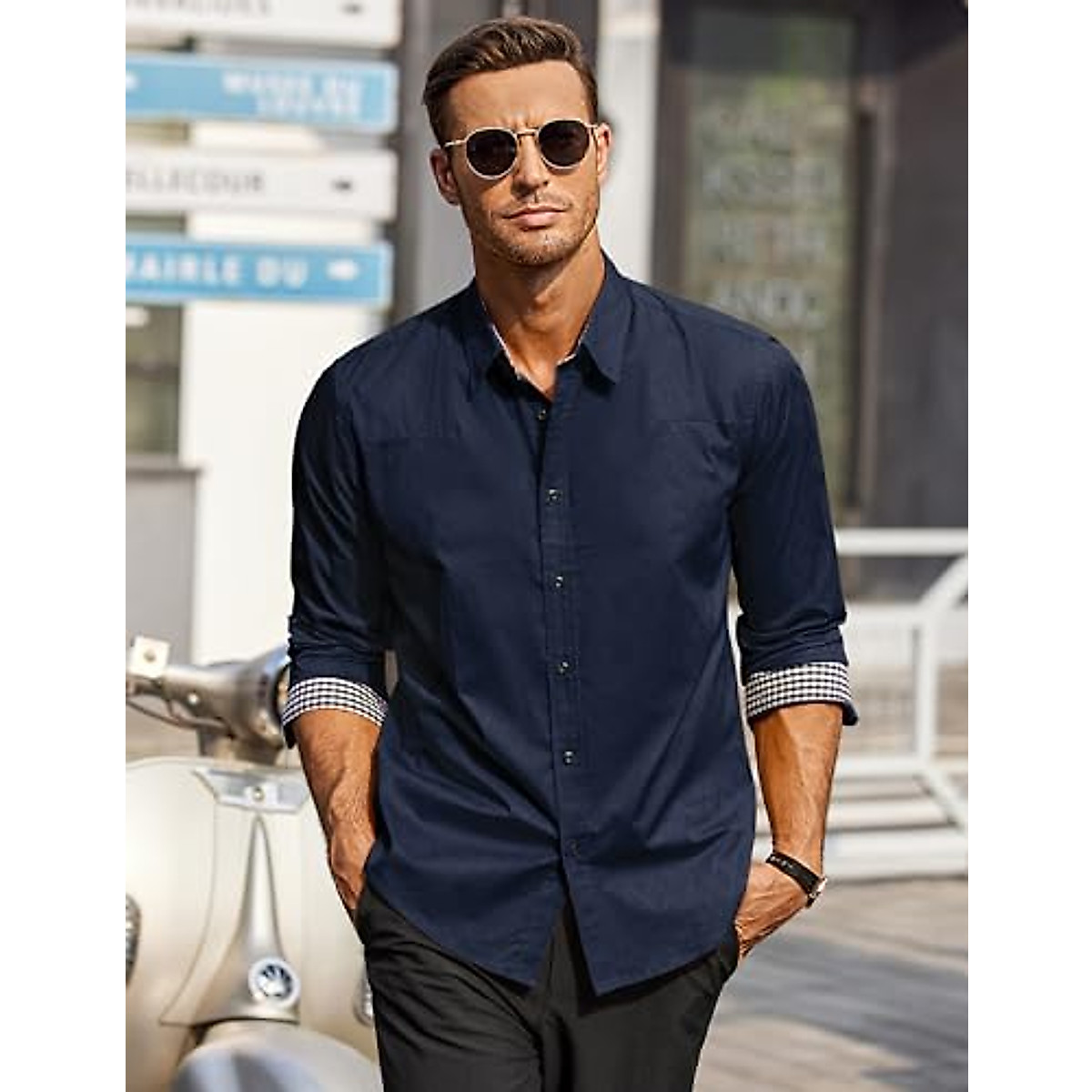 COOFANDY Mens Shirt Slim Fit Dress Business Plaid Button Down Collar, Navy Blue, Large, Long Sleeve