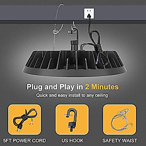 UFO LED High Bay Light 200W 4 Packs, JC-LGL High Bay LED Lights 32,000LM (160LM/W) 1-10V Dimmable, 5' Cable with Plug, Hanging Hook, Safe Rope, ETL Listed High Bay Light for Factory Warehouse Workshop