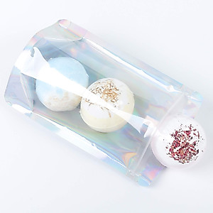 QQ Studio Pack of 100 Windowed or Double Sided Holographic Stand Up Packaging Bags with QuickQlick™ Seal for Food and Snacks (Clear & Silver Base Hologram, 11x16cm (4.3x6.3"))