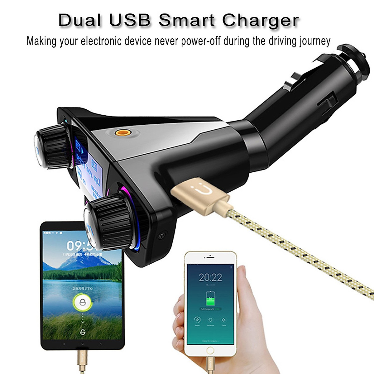 Bluetooth FM Transmitter Handfrees-Calling Radio Adapter Car Kit with Dual USB Port MP3 Player Support TF Card USB Flash Drive