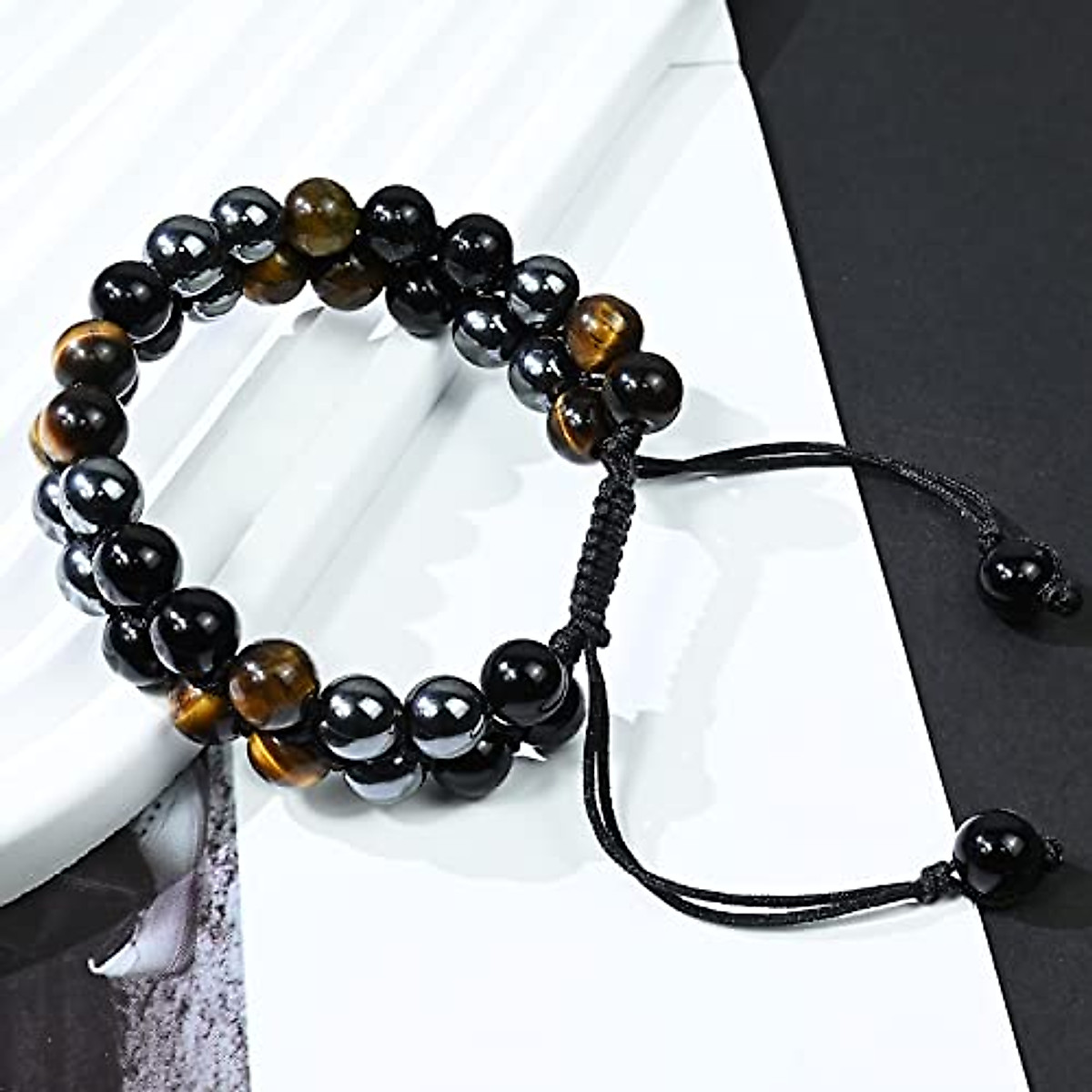 Triple Protection Bracelet Natural Black Obsidian Tigers Eye Hematite 8mm Beads Crystal Bracelet Healing Bracelets for Men Women Bring Prosperity Luck and Health
