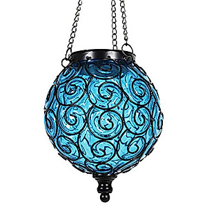 Exhart Outdoor Garden Solar Lights, Round Glass and Metal Hanging Lantern, 15 Firefly LED Lights, 7 x 20 Inch, Blue
