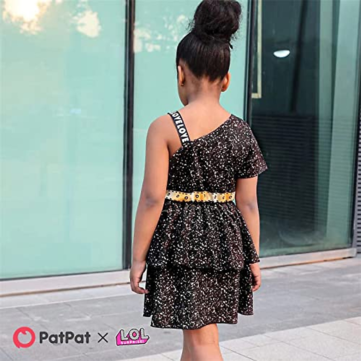 L.O.L. Surprise! Girls Tiered Dress Figure Print Layered One Shoulder Casual Dress Flowy Dress Size 6-12 Black 8-9 Years
