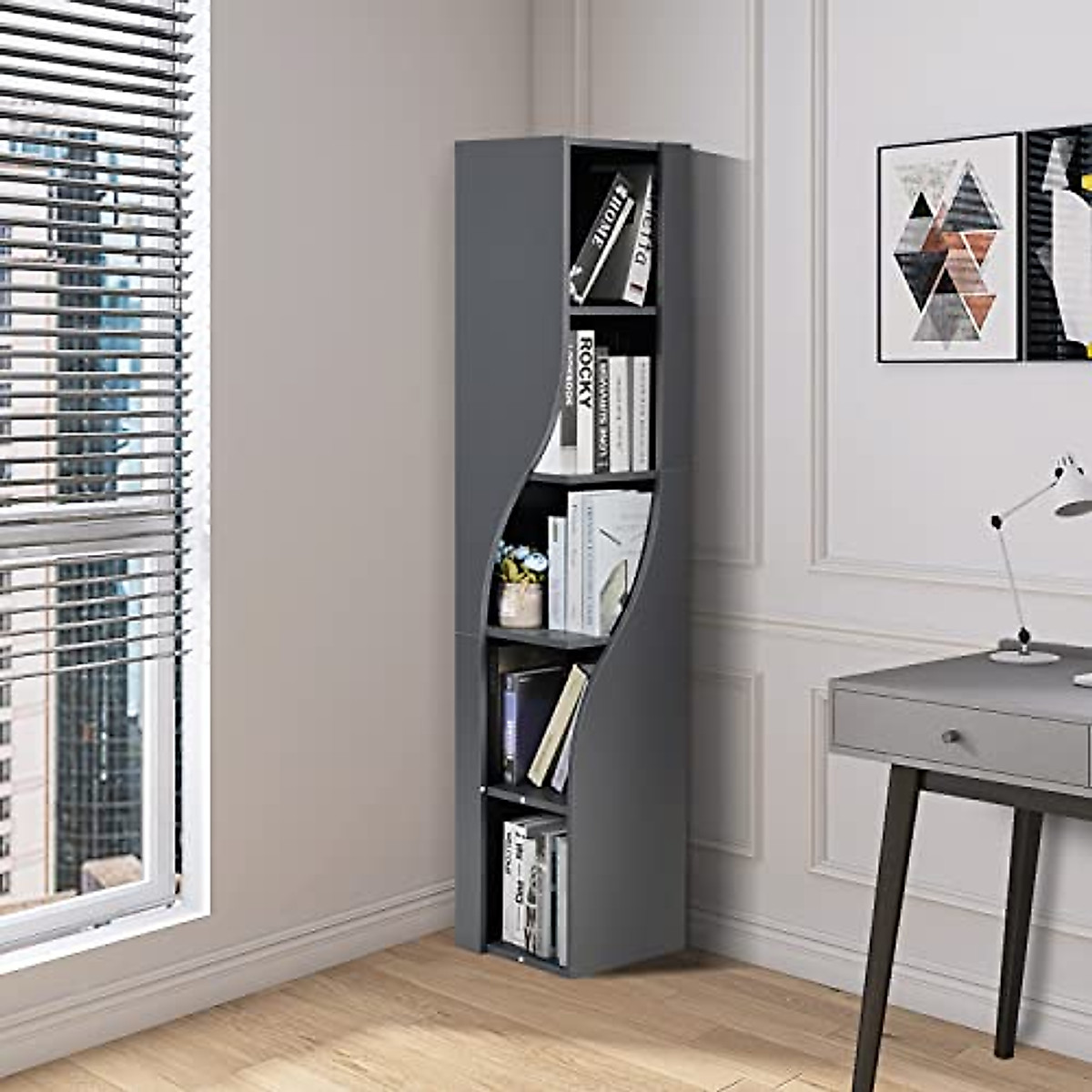 5-Tier Corner Bookcase Bookshelf Open Bookcase and Bookshelf Freestanding Display Storage Shelves Tall Bookcase for Bedroom, Living Room and Office, Dark Gray Multiple Use Option, Modern Design
