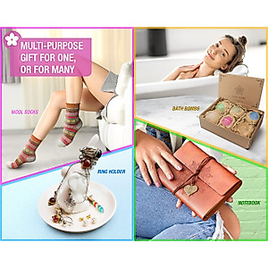 Best Cozy Gifts for Women, 3 Pairs of Warm and Cozy Socks, Includes 6 Relaxation Bath Bombs, Beautiful Leather Journal, Elegant Elephant Ring Holder, Trendy Scarf/Simply The Best Gifts for Women