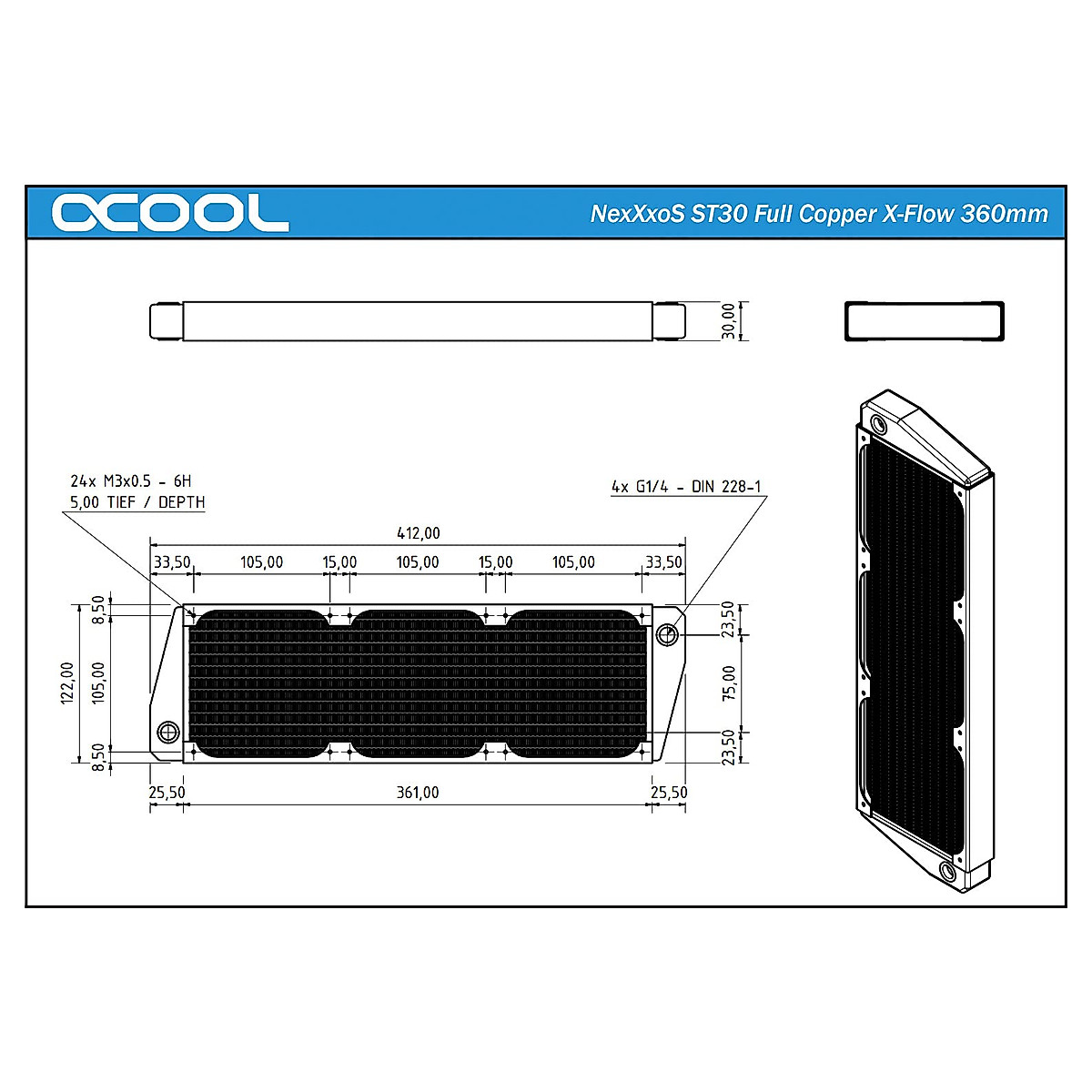 Alphacool NexXxos ST30 Full Copper X-Flow Radiator360, 120mm x 3, Triple Fan, Black