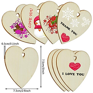 obmwang 50 Pieces 3" Natural Heart Wood Slices, DIY Wooden Ornaments Unfinished Predrilled Wooden Heart Embellishments with Natural Twine for Valentine's Day, Wedding, Thanksgiving, Christmas