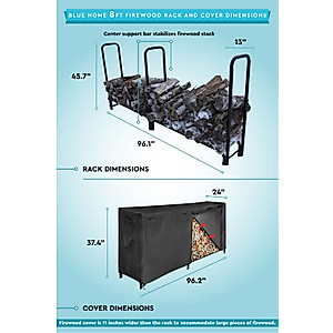 BLUEHOME 8ft Heavy Duty Indoor Outdoor Firewood Storage - Log Rack with Waterproof Cover and Log Carrier Combo – Black Steel Tubular Log Holder for Fire Pits and Fireplaces – Easy to Assemble