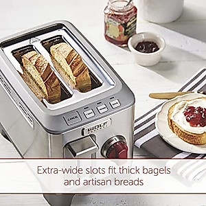 Wolf Gourmet 2-Slice Extra-Wide Slot Toaster with Shade Selector, Bagel and Defrost Settings, Red Knob, Stainless Steel (WGTR152S)