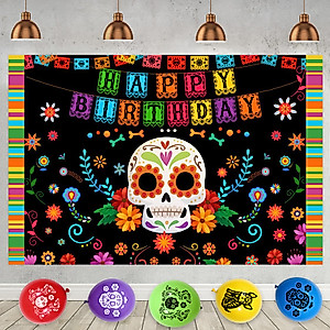 Fangleland Day of The Dead Theme Birthday Party Decorations for Boy Girl - Dia De Los Muertos Bday Celebration Party Supplies Balloons Banner Tablecloth Sugar Skull Mexican Backdrop