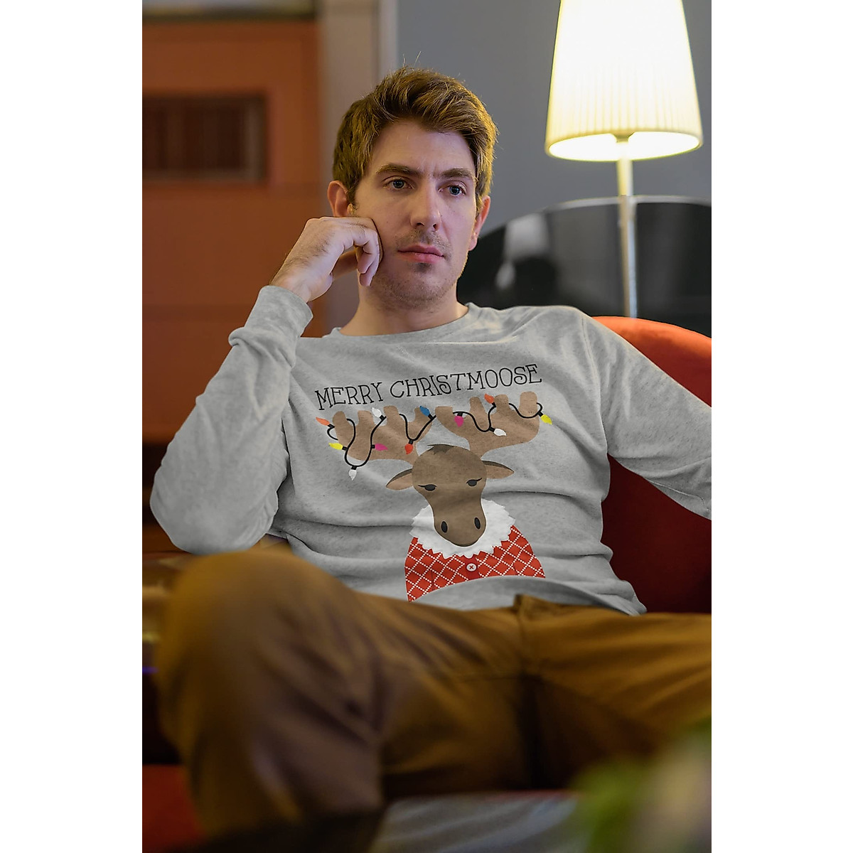 Animal World Ugly Christmas Sweater Men, Funny Xmas Sweaters, Mens Long Sleeve Merry Christmoose Festive Holiday Pullover Ideal for Parties and Seasonal Casual Wear, Heather, 4XL