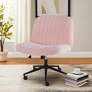 Criss Cross Legged Chair with Wheels, Home Office Desk Chair Wide Seat Fabric Armless Height Adjustable 360° Swivel Chair for Vanity/Work, Faux Fur Pink