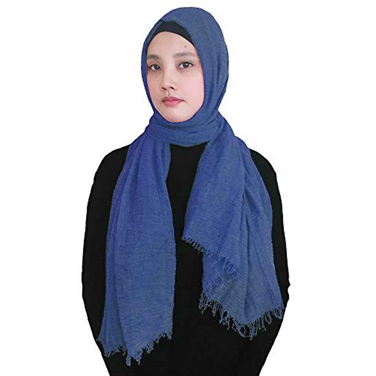 Lina & Lily Solid Color Crepe Crinkled Scarf Hijab with Frayed Edges (Jean Blue)