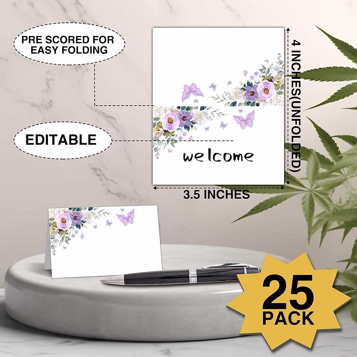 Butterfly Place Cards, Boho Floral Table Place Card For Birthday Baby Shower Dinner Wedding, Purple Tent Name Place Cards For Table Setting, 25 Pack(02)