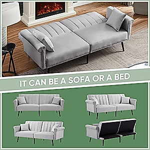Antetek Convertible Futon Sofa Bed, Tufted Velvet Loveseat Sofa Couch with 3 Position Adjustable Backrest & 2 Toss Pillows, Mid-Century Modern Sofa for Living Room, Bedroom, Apartment, Grey