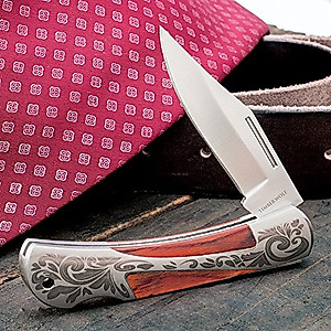 TIMBER WOLF Gentleman’s Lockback Pocket Knife – Razor-Sharp Stainless Steel Blade, Custom Handle with Wooden Inlays, Scroll Design Bolsters – A Practical and Handsome EDC - 7 1/2" Overall