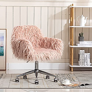 KCC Fluffy Office Desk Chair, Faux Fur Modern Swivel Armchair with Wheels, Soft Comfy Fuzzy Elegant Accent Makeup Vanity Chairs for Women Girls, Home Living Dressing Room Bedroom, Pink