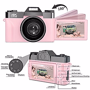 Digital Cameras for Photography, 4K 48MP Vlogging Camera 16X Digital Zoom Manual Focus Rechargeable Students Compact Camera with 52mm Wide-Angle Lens & Macro Lens, 32G Micro Card and 2 Batteries