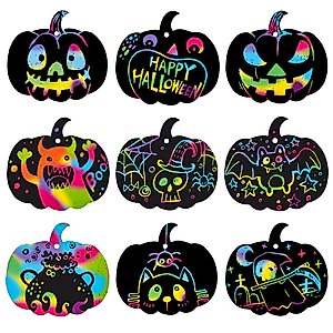 WaaHome Halloween Thanksgiving Scratch Art Crafts for Kids 24pcs Pumpkin Rainbow Scratch Art Paper for Kids School Classroom Game DIY Crafts Halloween Thanksgiving Fall Party Decorations Favors
