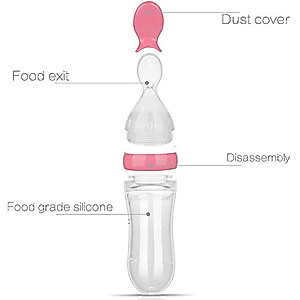 Silicone Squeeze Bottle Spoon Baby Feeding Cereal, Rice, Supplement with Dispensing Feeder, Food Dispensing Spoon, Infant Newborn Toddler Food Supplement Set- 90ml Pink