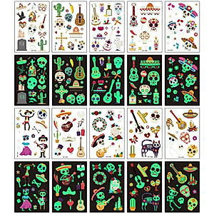 Day of the Dead Luminous Halloween Temporary Tattoo for Kids Adults, 125PCS Waterproof Fake Face Tattoos, Body Stickers Decorations Glow in the Dark, Makeup Party Favors Supplies Decor Boys Girls