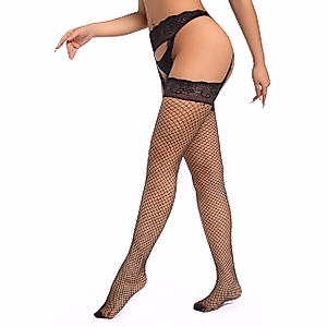 IMMIGOSE Women's Fishnet Tight High Stockings With Black Lace Garter Belt-(S-M)