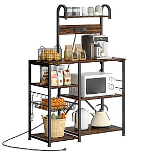 JAMFLY Bakers Rack with Power Outlet, Microwave Stand, kitchen Storage Shelf with 6 Hooks, Coffee Bar Station with Wire Basket, 6 Tier Kitchen Rack for Living Room, Spice, Pots and Pans Organizer