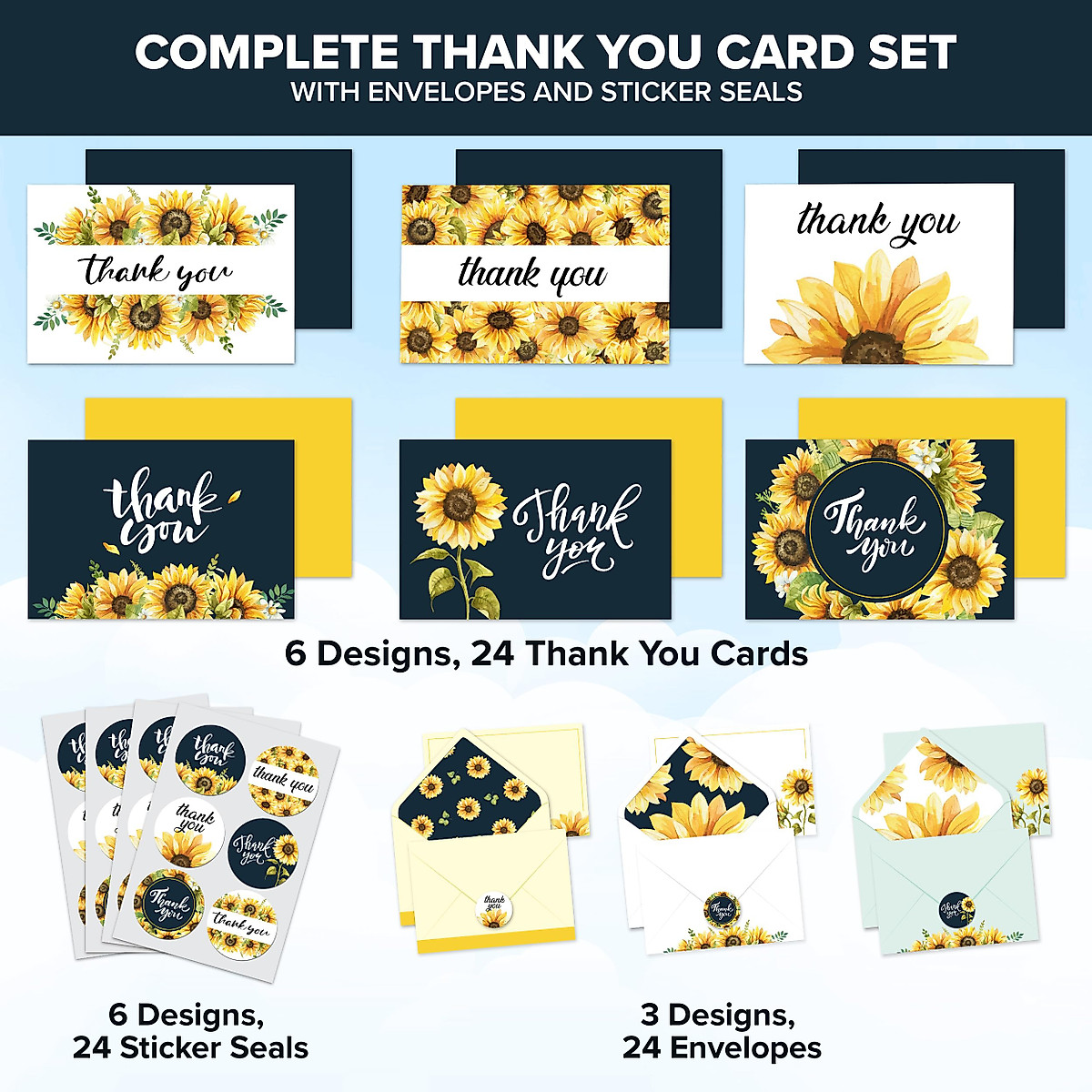 24 Pack Sunflower Thank You Cards with Envelopes & Stickers - 6 Designs Blank Inside Thank You Cards Sunflower Wedding Thank You Cards with Envelopes, 6x4" Bridal Shower Thank You Cards Rustic