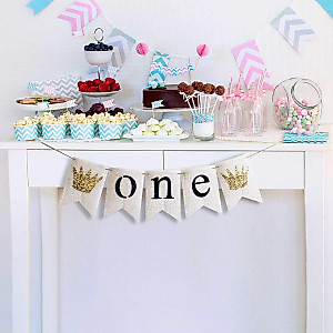 Jute Burlap One Banner Baby Girl Boy First Birthday Party Bunting Highchair Banner Decoration