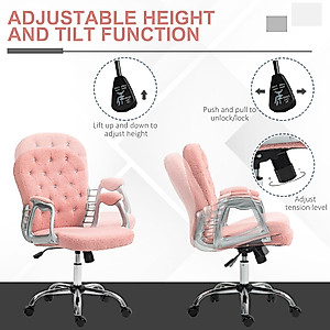 Vinsetto Teddy Fleece Home Office Chair, Button Tufted Desk Chair with Padded Armrests, Adjustable Height and Swivel Wheels, Pink