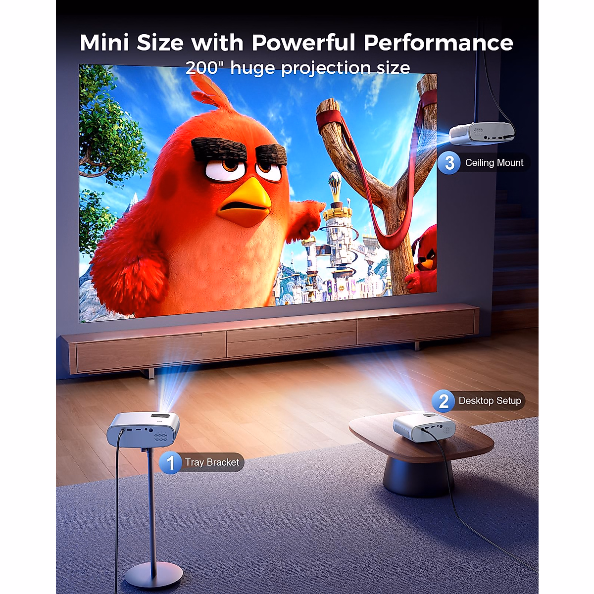 Mini Projector for iPhone, ELEPHAS 2023 Upgraded 1080P HD Projector, 8000L Portable Projector with Tripod and Carry Bag, Movie Projector Compatible with Android/iOS/Windows/TV Stick/HDMI/USB