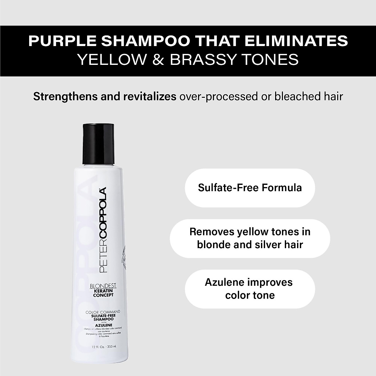 PETER COPPOLABlondest Purple Shampoo For Blonde Hair - Sulfate Free Shampoo Hair Toner Eliminates Brassy Yellow Tones In Blonde, Silver And White Hair - Strengthens Processed And Dry Hair (12 Fl Oz)