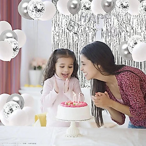 Silver Birthday Party Decoration, White Silver Confetti Latex Balloons, Silver Happy Birthday Balloons Banner with 2Pcs Silver Foil Fringe Curtains, Birthday Decorations for Women Girls Men