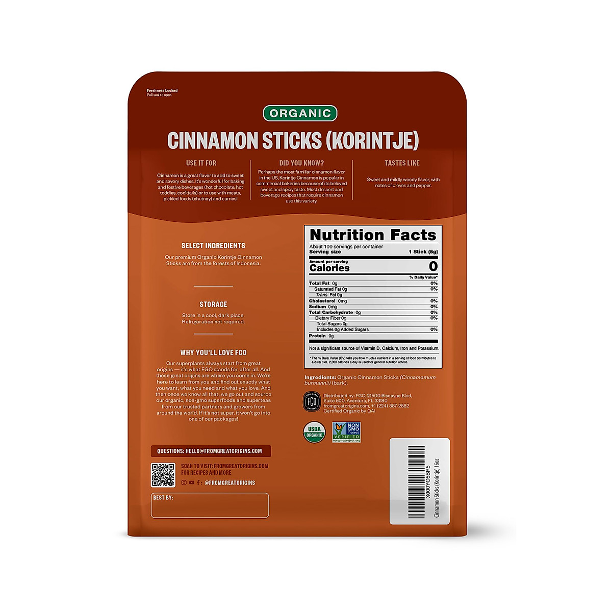 FGO Organic Korintje Cinnamon Sticks, 100% Raw from Indonesia, 100+ Sticks 2 3/4" Packaging May Vary (Pack of 1)