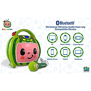 eKids Cocomelon Karaoke Machine with Built-in Cocomelon Songs and Microphone for Kids