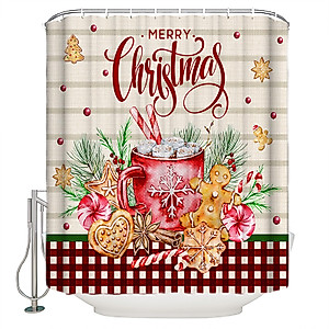 Christmas Fabric Shower Curtain 72x72 Inch, Christmas Hot Cocoa Cotton Candy Gingerbread Man Shower Curtain for Bathroom with Hooks,Waterproof Bath Shower Curtain Sets Decorative Bathroom Accessories