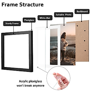 KINLINK 6x6 Picture Frame Black Set of 4, Wooden Square Photo Frames Matted 4x4 with Plexiglass for 4x4 with Mat or 6x6 without Mat for Table and Wall Display