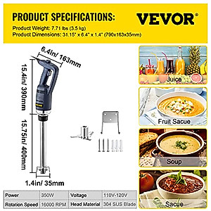 VBENLEM Commercial Immersion Blender 350W Power, Hand Held Mixer with 15.7-Inch 304 Stainless Steel Removable Shaft, Electric Stick Blender Constant Speed 16000RPM