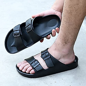 Temi Mens Slides Adjustable Slip on Sandals,Summer Beach Pool Shower EVA Sandals for Men,Double Buckle Lightweight Waterproof Comfy Bathroom Flat House Slippers for Men Size