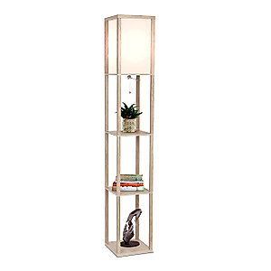 Brightech Maxwell - Modern Shelf Floor Lamp with Lamp Shade and LED Bulb - Coner Display Floor Lamps with Shelves for Living Room, Bedroom and Office - Rustic Wood