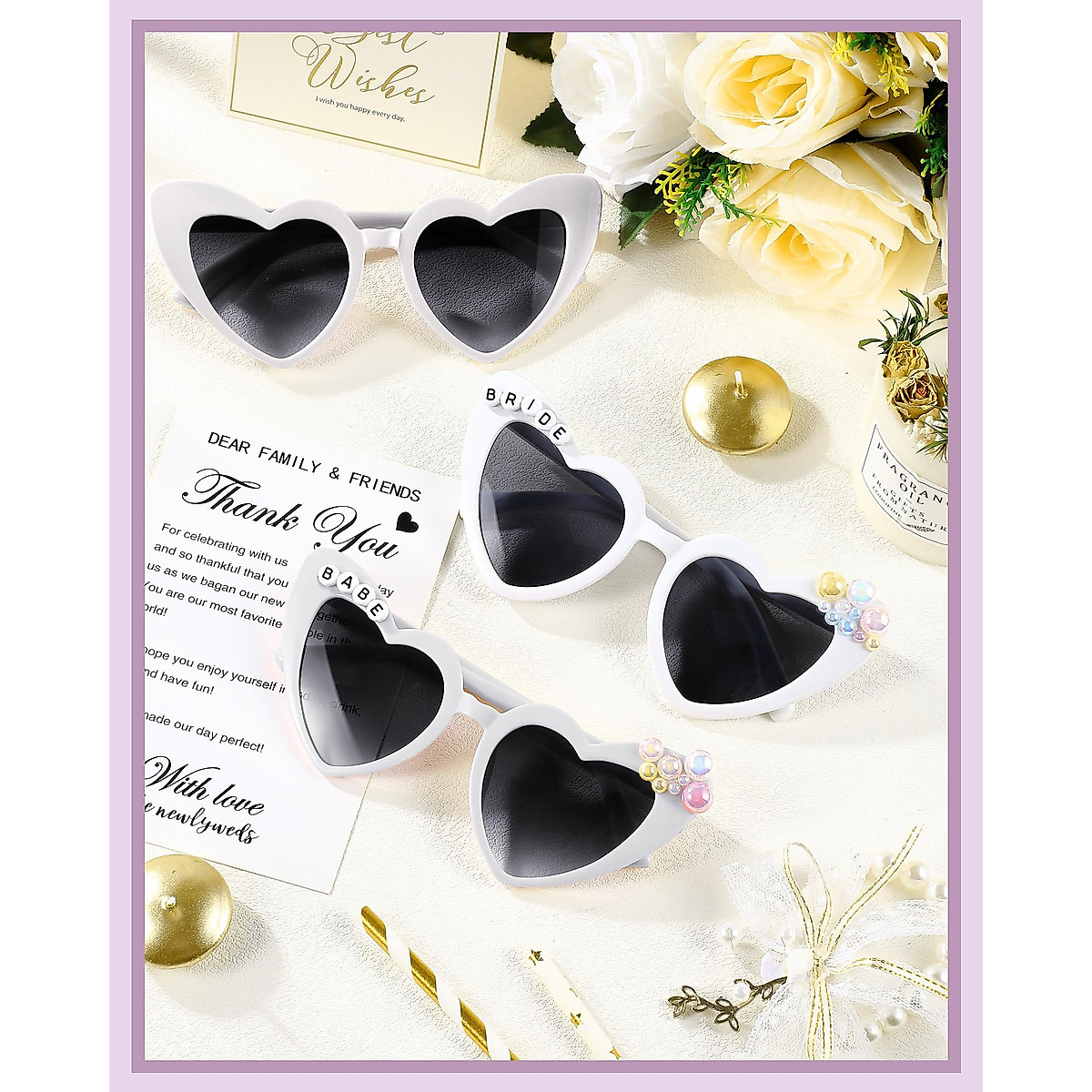 Xuhal 13 Pairs Valentines Day Heart Party Sunglass Bulk Bachelorette Glasses with DIY Letter Bead Pearl for Wedding Party(White)