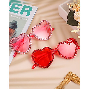 TOODOO 2 Pairs Rhinestone Heart Sunglasses Heart Shape Rimless Sunglasses for Women Transparent Heart Glasses (Pink, Red)