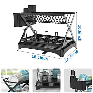 2-Tier Dish Drying Rack, Multifunctional Dish Rack for Kitchen Counter, Rustproof Kitchen Dish Drying Rack,Space-Saving Dish Drying Rack with Utensil Holder,Cups Holder,Extra Drying Mat,Large-Capacity