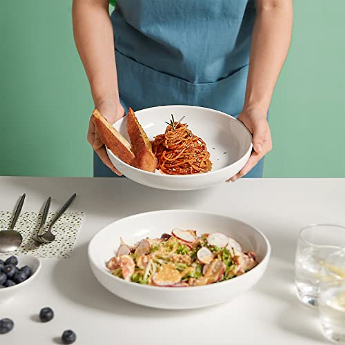 LIFVER 9.75" Large Pasta Bowls, 50 Ounces Salad Bowls Large, White Pasta Bowl Set of 4, Ceramic Pasta Plates Set, Wide Shallow Bowls Set, Microwave Dishwasher Safe