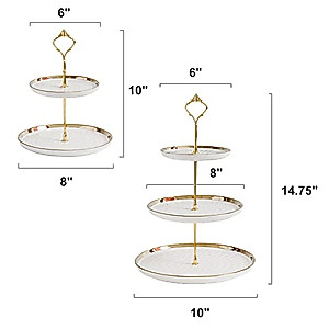 Tosnail Set of 2 Porcelain Cupcake Stand Ceramic Dessert Stand Tiered Serving Trays with Gold Rod, 3 Tiers and 2 Tiers Cake Stand Party Serving Trays Fruit Pastry Holders for Wedding and Party